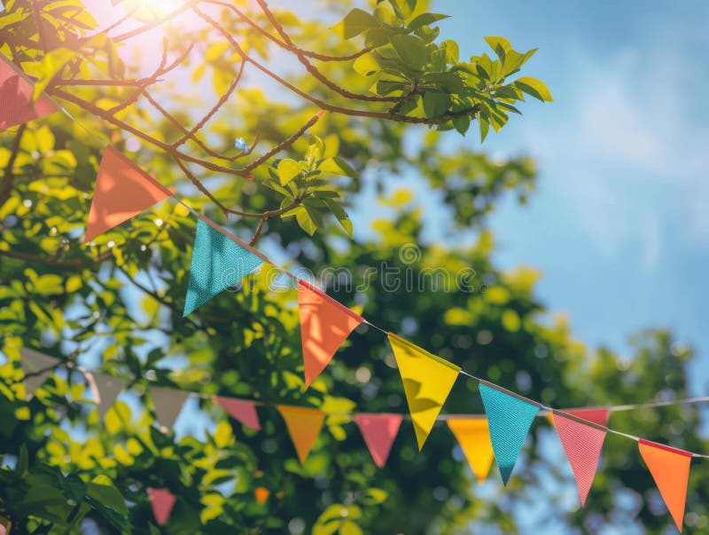 Colorful Triangular Flags Hung between Green Tree Branches Stock ...