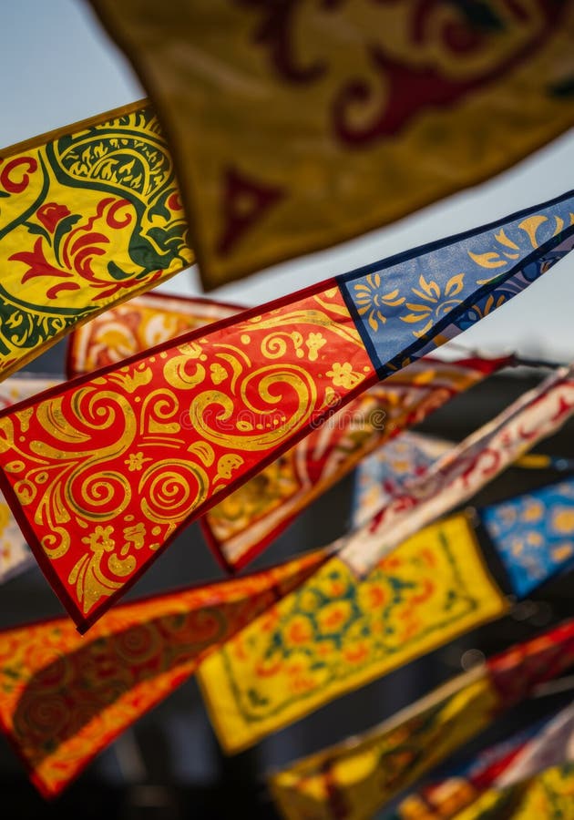 Colorful Triangular Flags with Ornate Patterns Flutter in the Breeze ...
