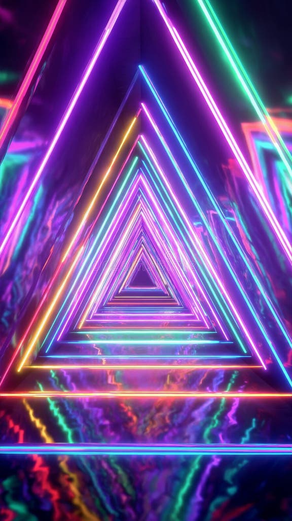 Colorful Triangular Neon Lights Create a Mesmerizing Tunnel of Vibrant ...