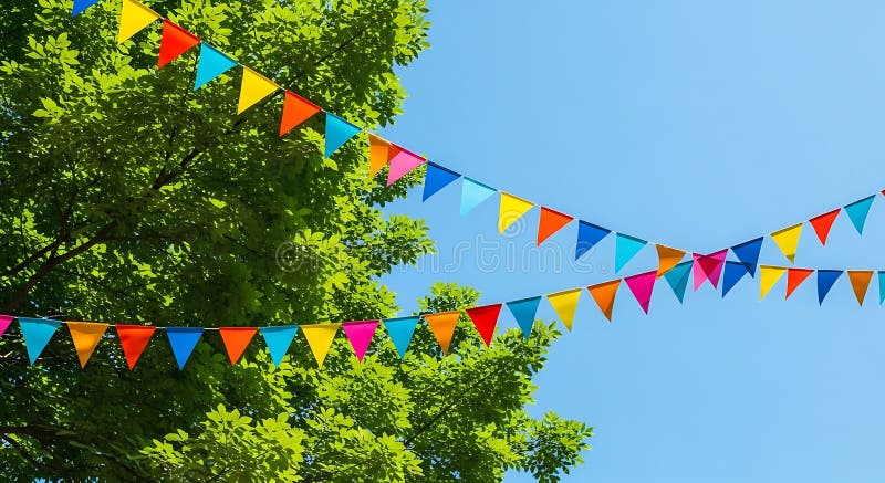 Colorful Triangular Pennant Banners are Strung Across a Bright Blue Sky ...