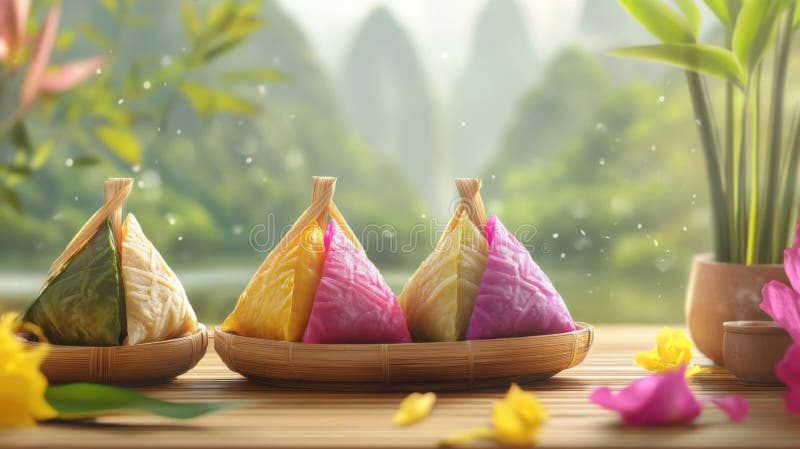 Colorful Triangular Rice Cakes in Bamboo Baskets Stock Illustration ...