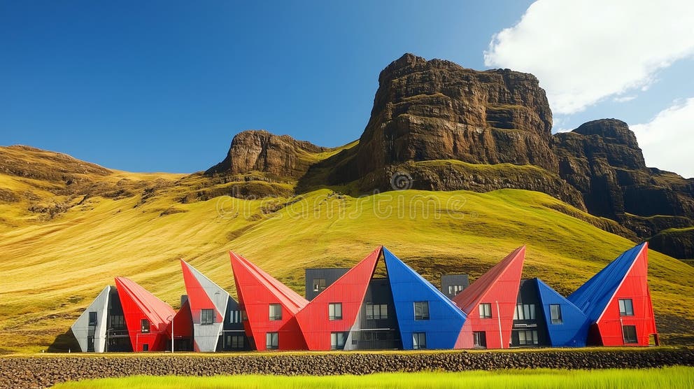 Colorful, Triangular-roofed Buildings with Striking Red and Blue Panels ...