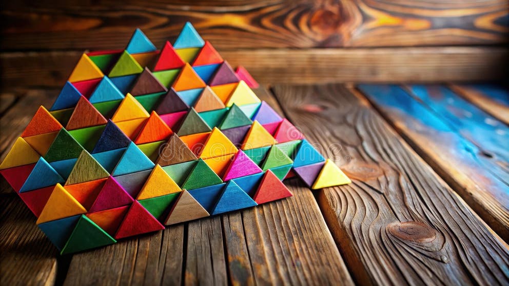 Colorful Triangular Wooden Blocks Forming a Pyramid on Rustic Wooden ...