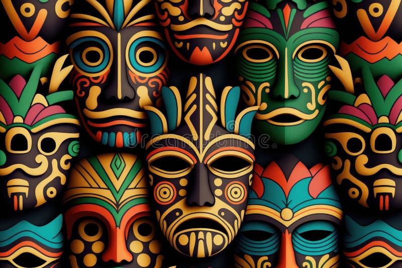 Colorful Tribal Mask Seamless Pattern Stock Illustration - Illustration ...
