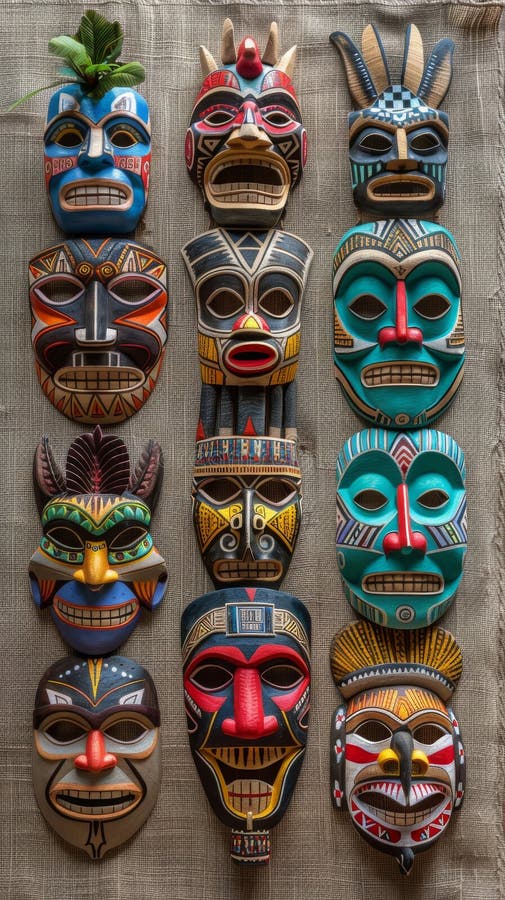 Colorful Tribal Masks Displayed on Burlap Background Stock Photo ...