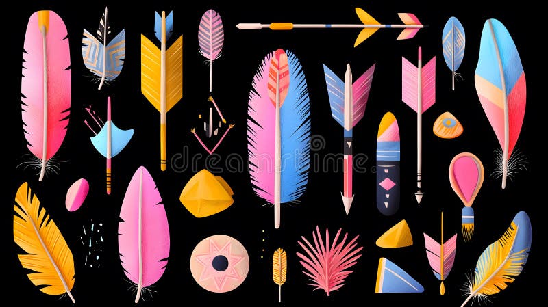 Colorful Tribal Patterns with Feathers, Arrows, and Geometric Shapes ...