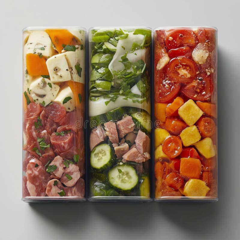 Colorful Trio of Fresh Chopped Ingredients in Vertical Containers Stock ...