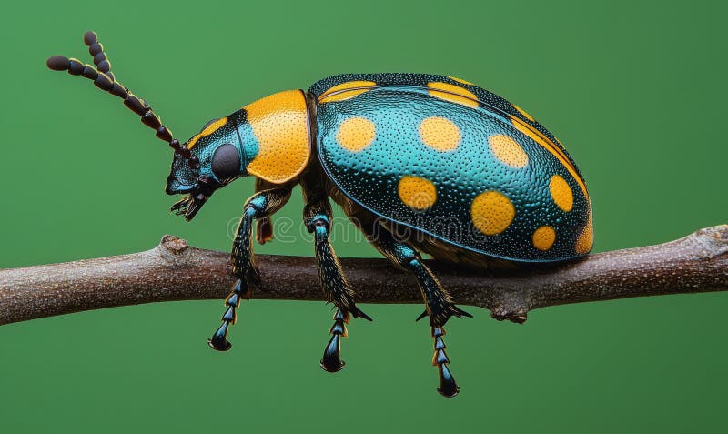 Colorful Tropical Beetle with Vibrant Yellow and Blue Patterns on Green ...