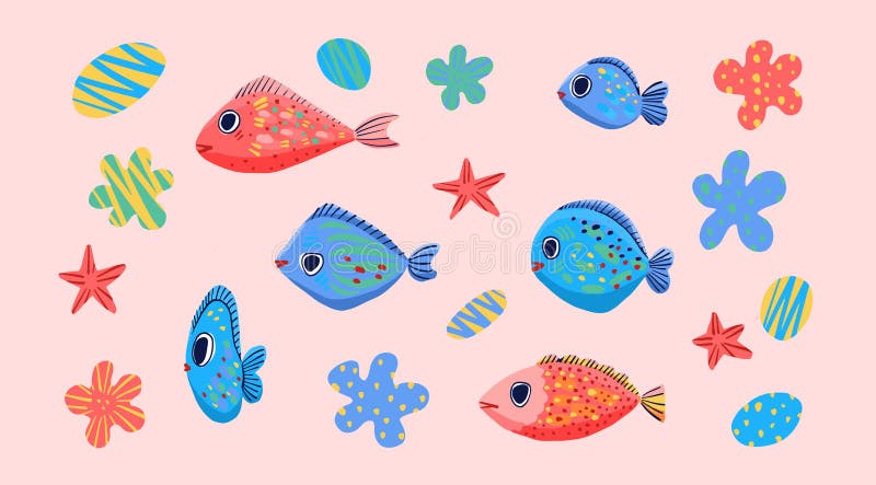 Colorful Tropical Fish Set Flat Vector Illustration with Starfish and ...