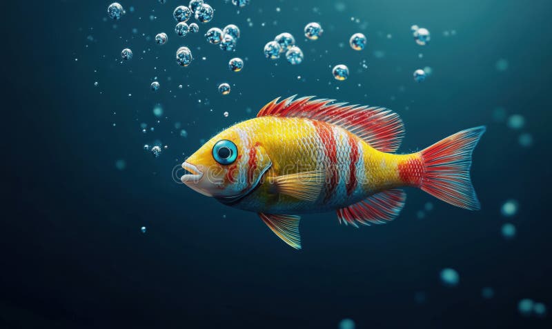 Colorful Tropical Fish Swimming in Deep Blue Water with Bubbles Stock ...