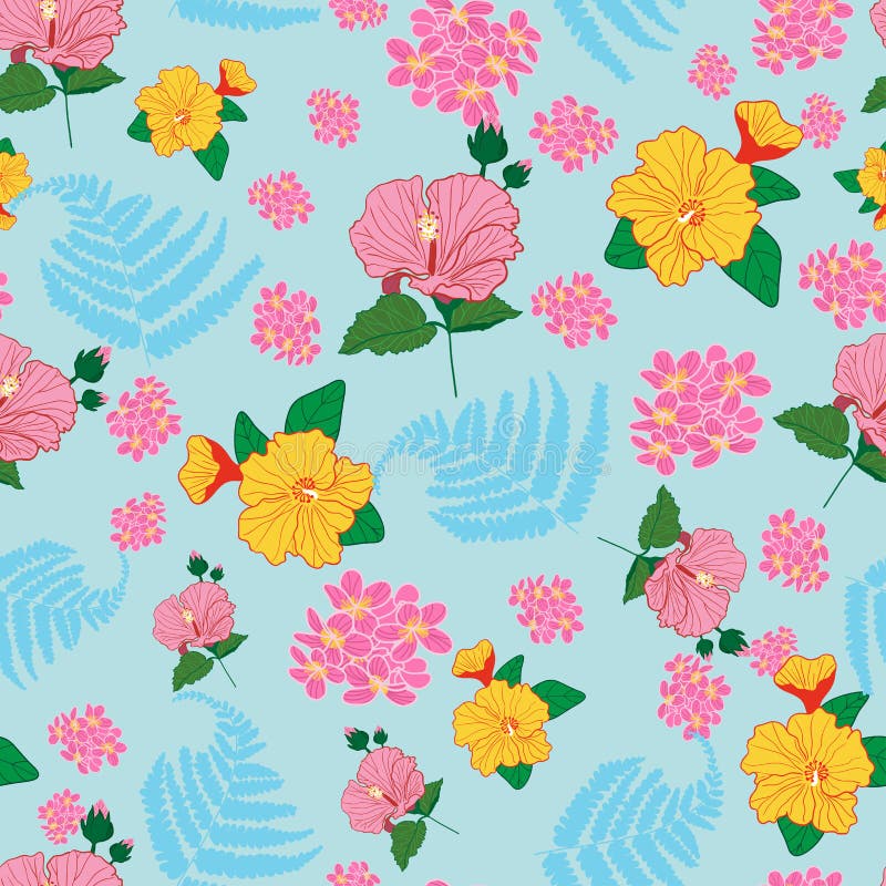 Colorful Tropical Flowers and Ferns Repeat Pattern Stock Vector ...