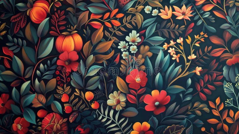 Colorful Tropical Forest Pattern with Various Flora on Dark Blue ...