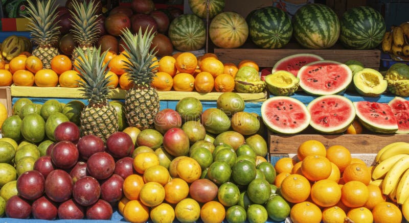 Colorful Tropical Fruit Display at a Market Stall Stock Illustration ...