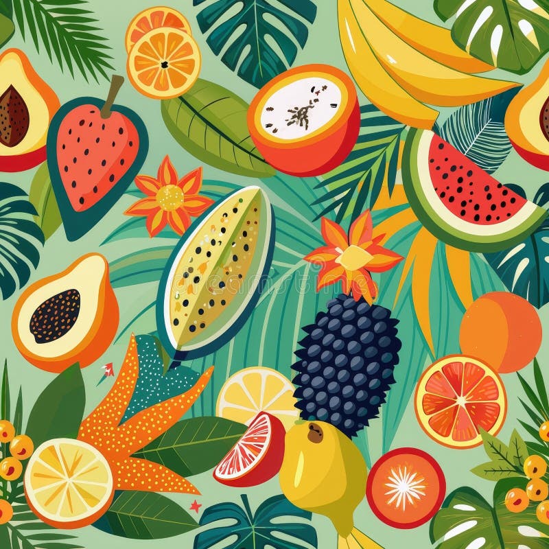 Colorful Tropical Fruit Pattern with Exotic Leaves and Vibrant ...