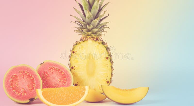 Colorful Tropical Fruit Still Life on Pastel Background Stock ...