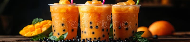 Colorful Tropical Fruit Tea with Bubbles in Transparent Cups with ...