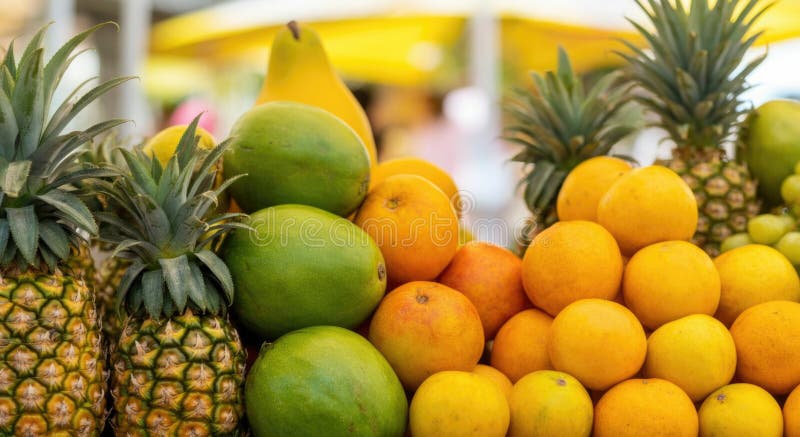 Colorful Tropical Fruits Display with Pineapple, Mango, and Citrus ...