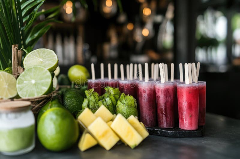 Colorful Tropical Ice Pops with Fresh Fruits and Limes on a Rustic ...