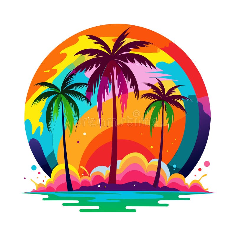 Colorful Tropical Island Scene with Palm Trees. Stock Illustration ...