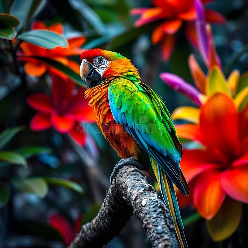 A Colorful Tropical Parrot Perched on a Tree Branch with Exotic Plants ...