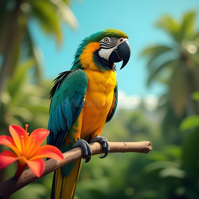 A Colorful Tropical Parrot Perched on a Tree Branch with Exotic Plants ...