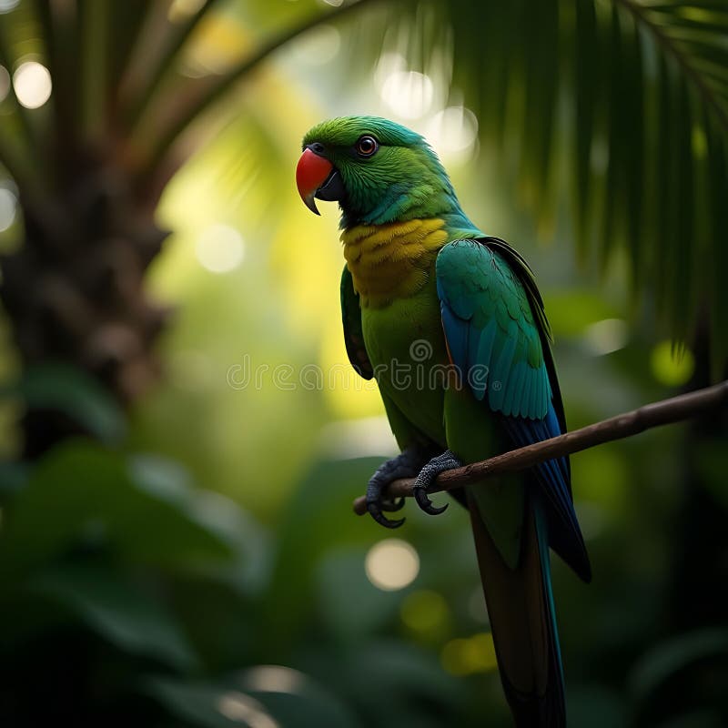 A Colorful Tropical Parrot Perched on a Tree Branch with Exotic Plants ...