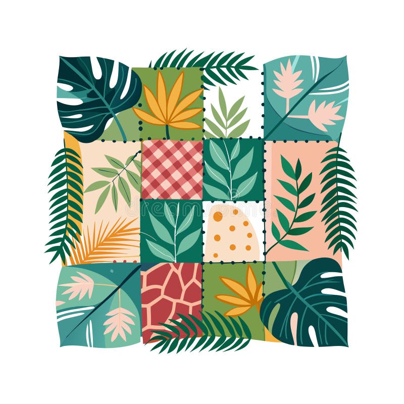 Tropical Patchwork Pattern with Monstera and Palm Leaves in a Modern ...