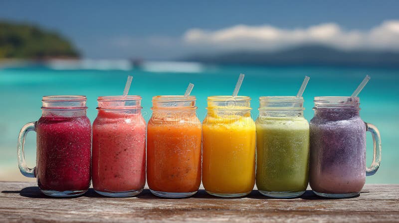 Colorful Tropical Smoothies on Beach Stock Photo - Image of tropical ...