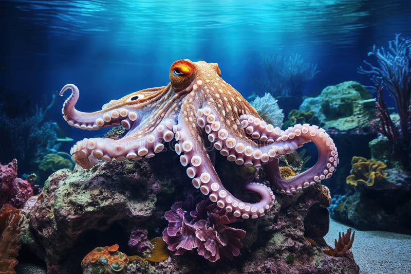 Colorful Tropical Underwater Theme Octopus Near the Reef Stock ...