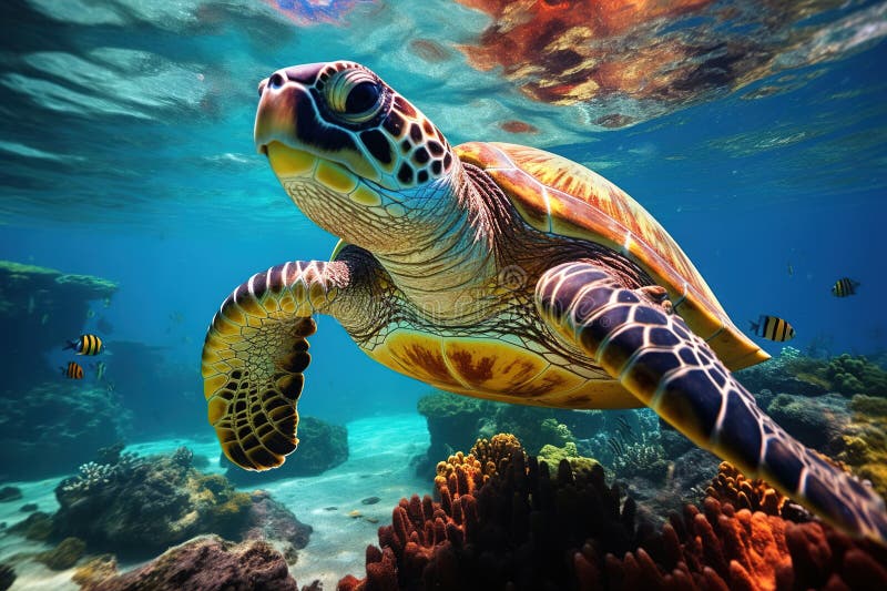 Colorful Tropical Underwater Turtle Theme Near the Reef Stock ...
