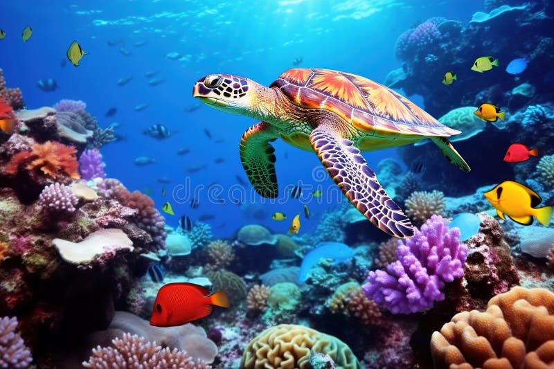Colorful Tropical Underwater Turtle Theme Near the Reef Stock ...