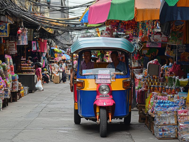 Colorful Tuk Tuk Driving through Busy Street Market Stock Illustration ... Colorful Tuk Tuk Driving through Busy Street Market Stock Illustration ...