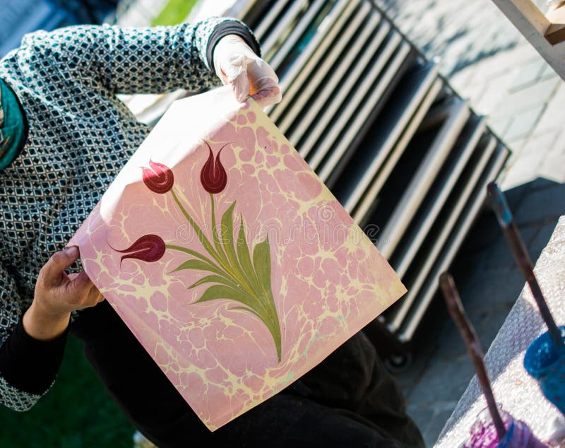 Colorful Tulip by Ebru or Art of Marbling Editorial Image - Image of ...