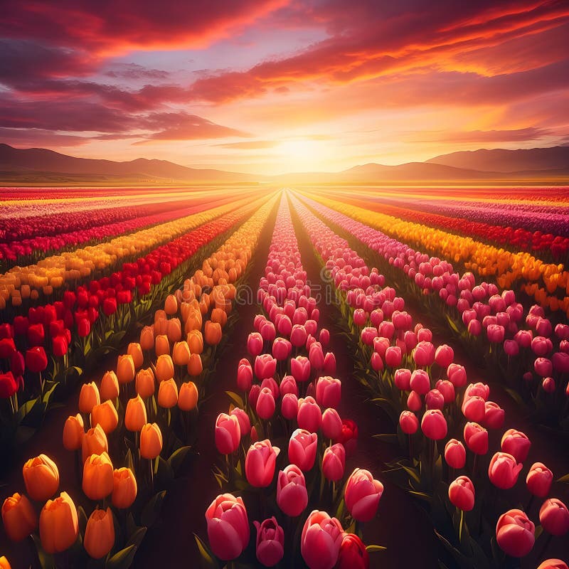 Colorful Tulip Field at Sunset in Spring. Beautiful Landscape Stock ...