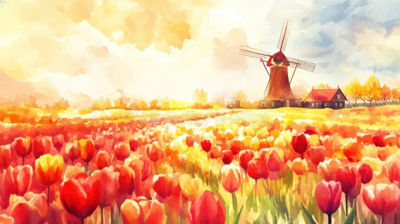 Colorful Tulip Fields and Windmill Create a Vibrant Spring Landscape ...