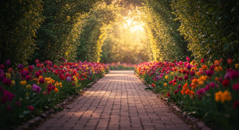 Colorful Tulip Garden Path at Sunset Stock Image - Image of colorful ...