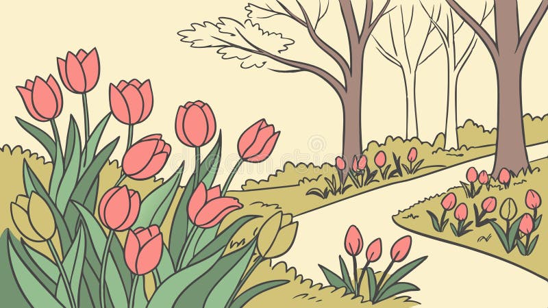 Colorful Tulips Blooming Along a Garden Path in Springtime Walk Vector ...