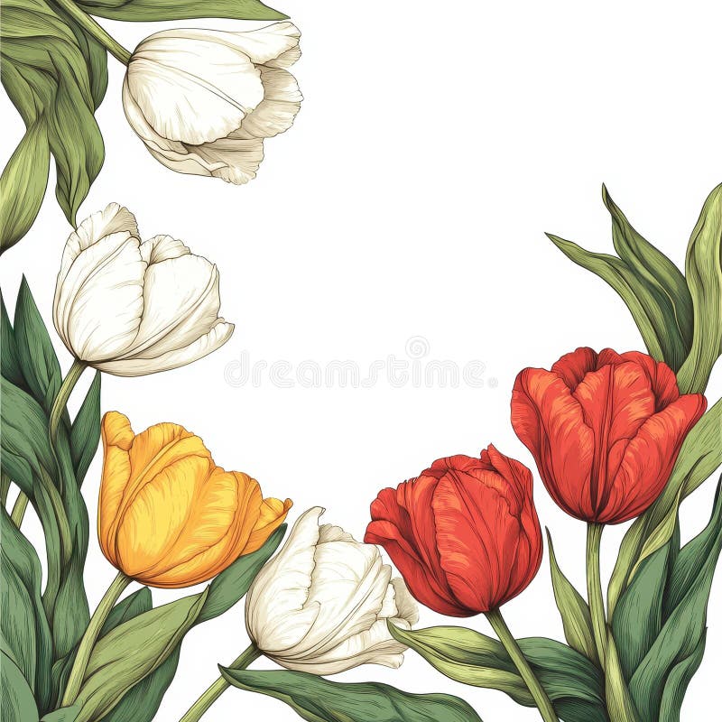 Colorful Tulips Floral Border Design White Background Stock ...