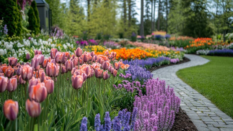 Colorful Tulips and Flowers Line Garden Path Stock Illustration ...