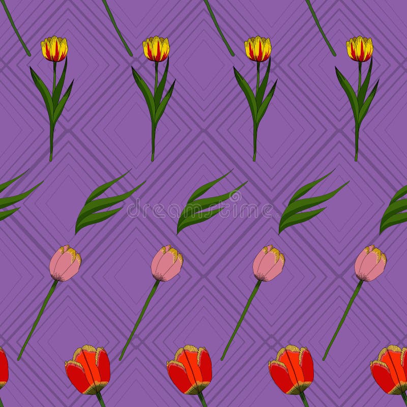 Colorful Tulips Vector Seamless Pattern Design on Purple Rhombus ...