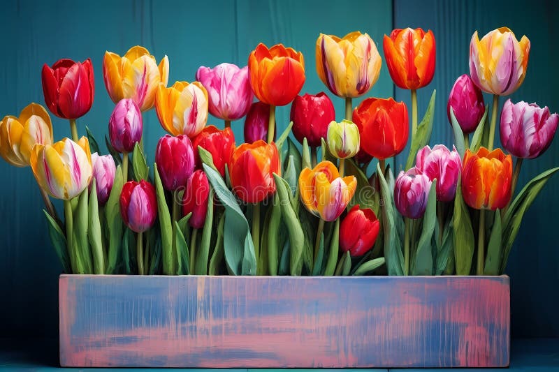 Colorful Tulips in a Wooden Box, a Group of Colorful Tulips in a Blue ...