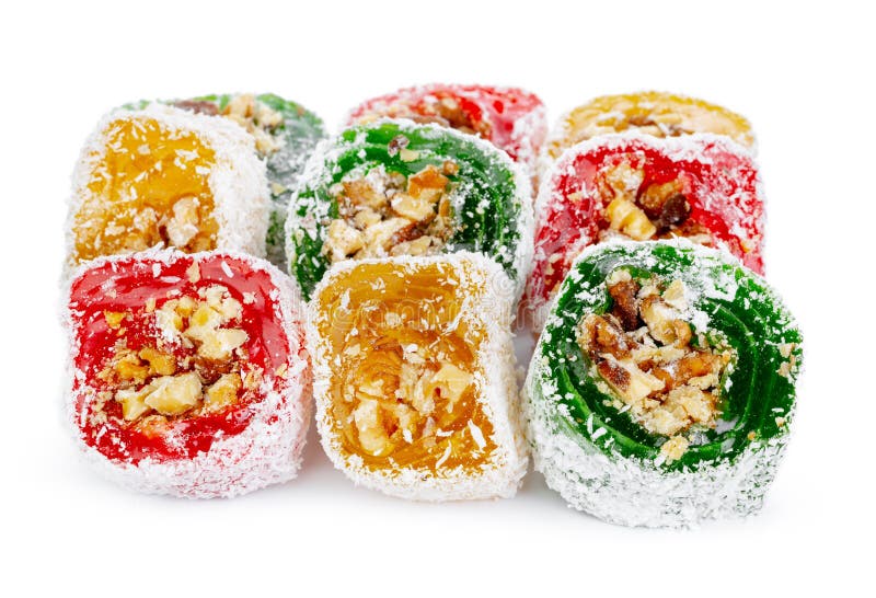 Colorful Turkish Delight with Nuts in Powdered Sugar Isolated on White ...