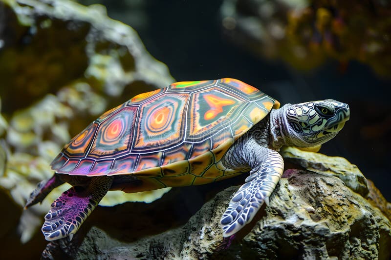 Colorful Turtle with Intricate Shell Patterns Resting on a Rock. the ...
