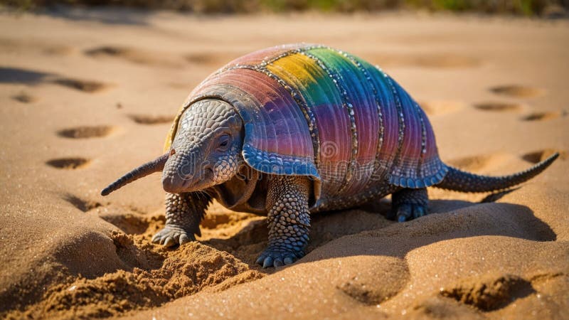 Rainbow Armadillo on Sandy Beach: a Vibrant Wildlife Encounter Stock ...