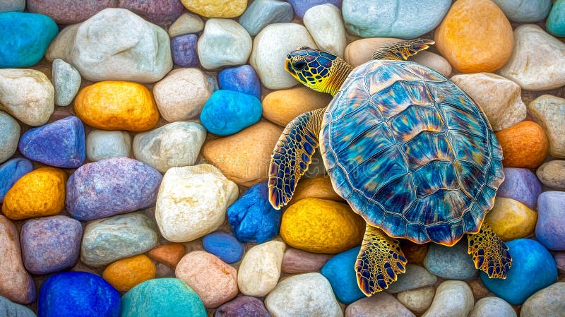 Colorful Turtle Resting on Vibrant Pebble Beach Stock Image - Image of ...