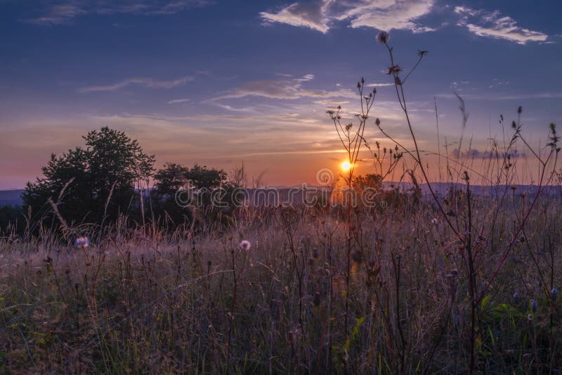 Colorful Twilight Sky Over Tranquil Countryside Landscape Stock Photo ...