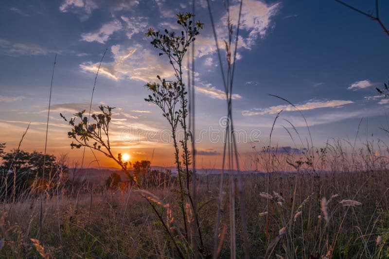 Colorful Twilight Sky Over Tranquil Countryside Landscape Stock Image ...