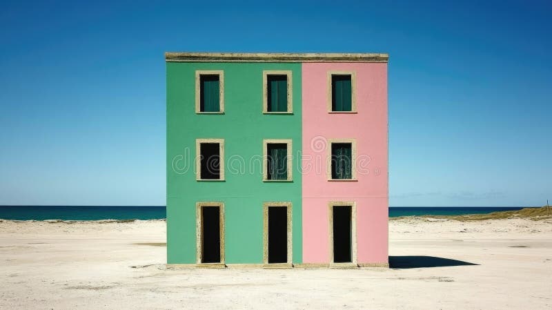 Colorful Two-toned Building on Beachfront with Clear Blue Sky Stock ...