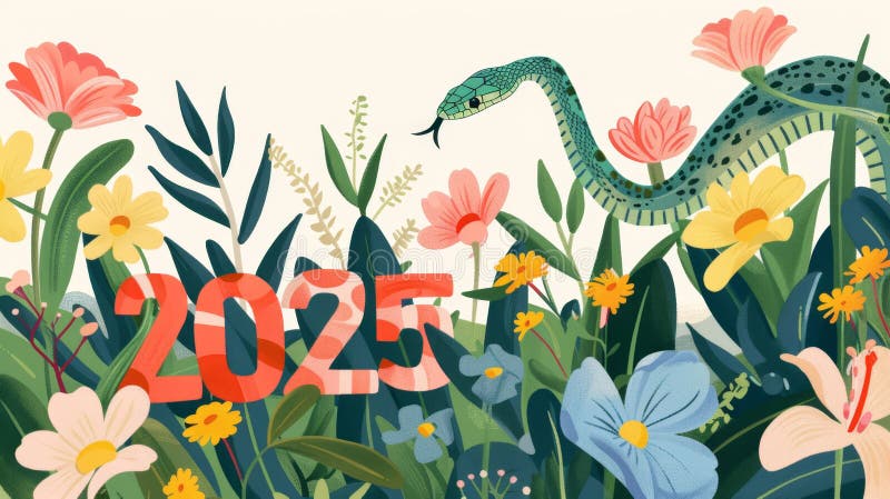 Colorful 2025 Typography in Floral Spring Nature with Snake ...
