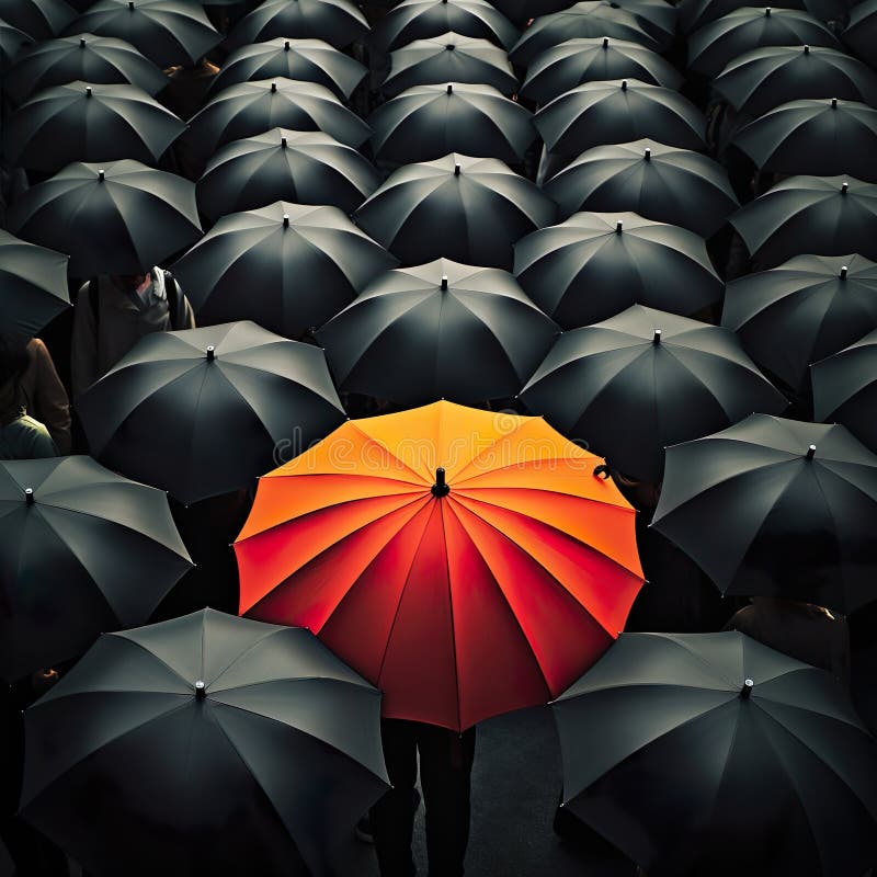 A Colorful Umbrella in a Group of Black Umbrellas Generated by Artificial Intelligence Stock ...